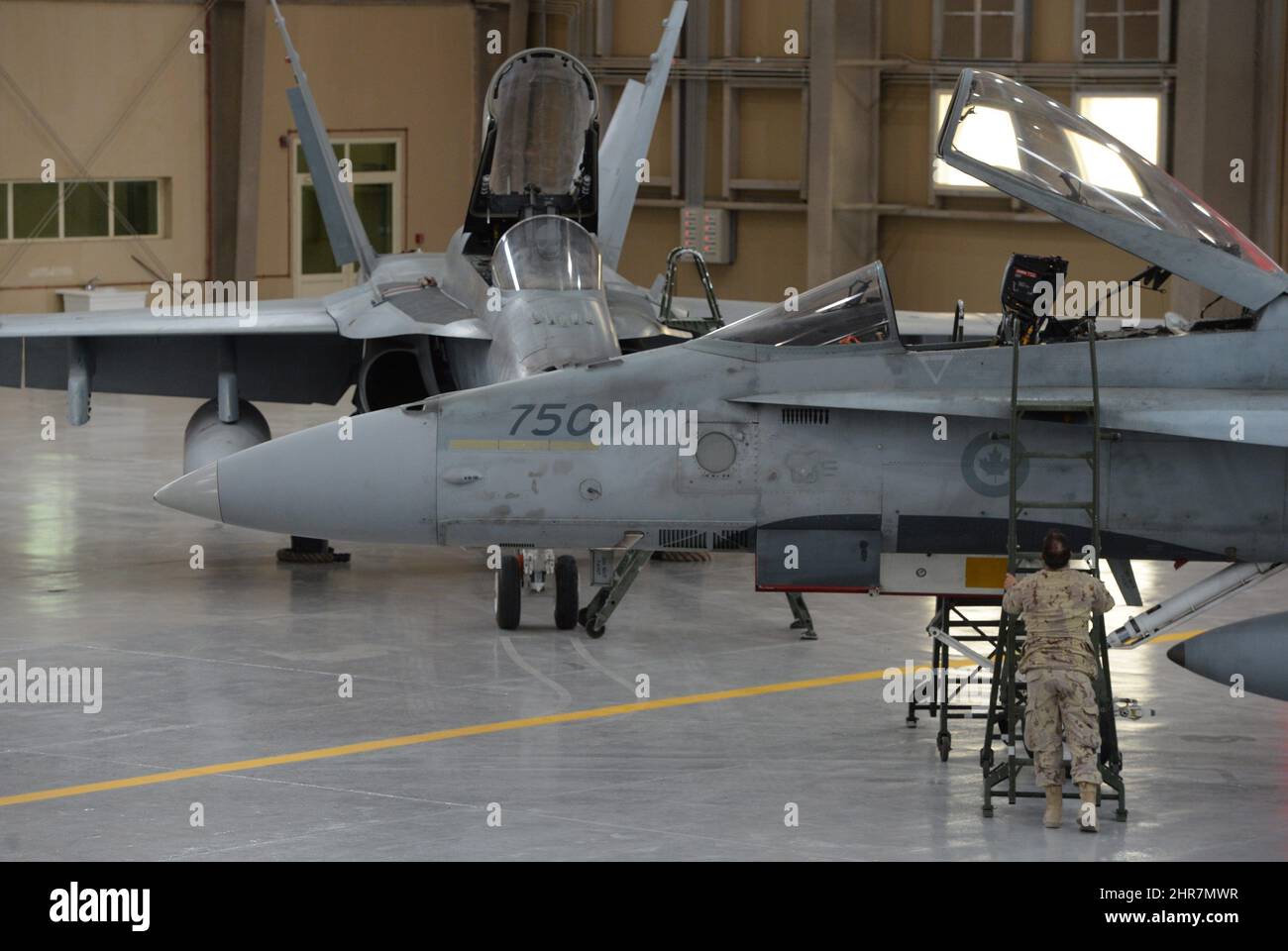 A member of the Canadian Forces pushes a ladder up to the cockpit of an ...