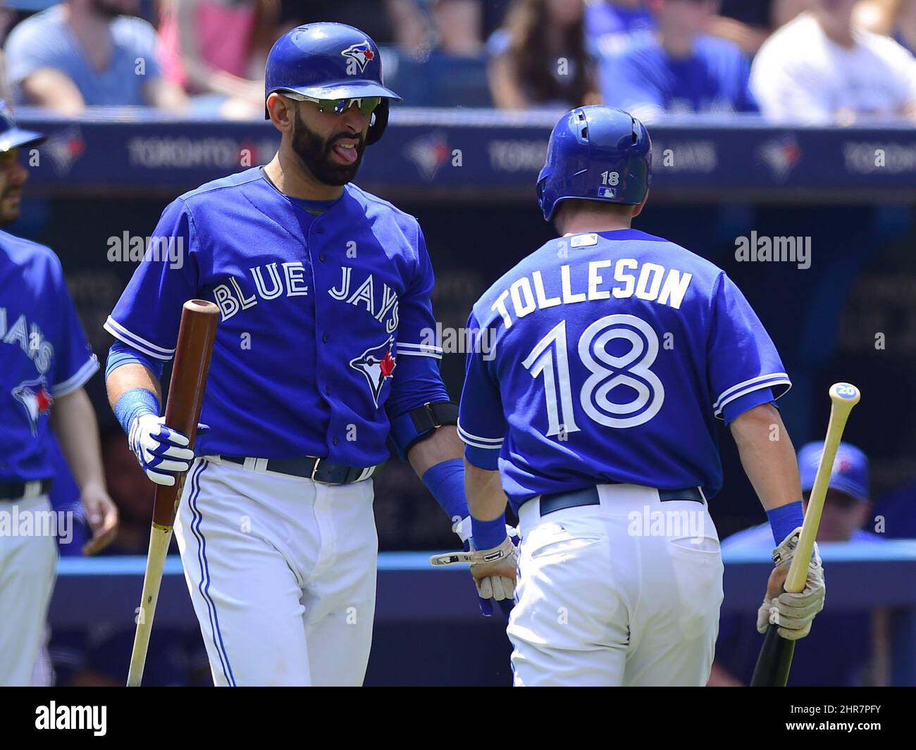 Toronto Blue Jays Jose Bautista (left) congratulates teammate Steve ...