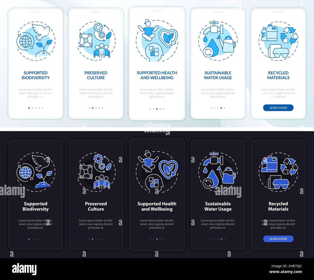 Circular economy pillars night and day mode onboarding mobile app ...