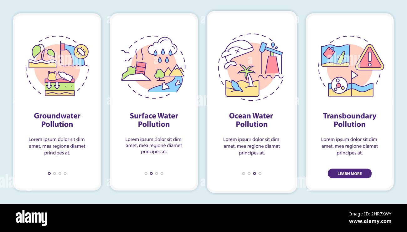 Categories of water pollution onboarding mobile app screen Stock Vector ...