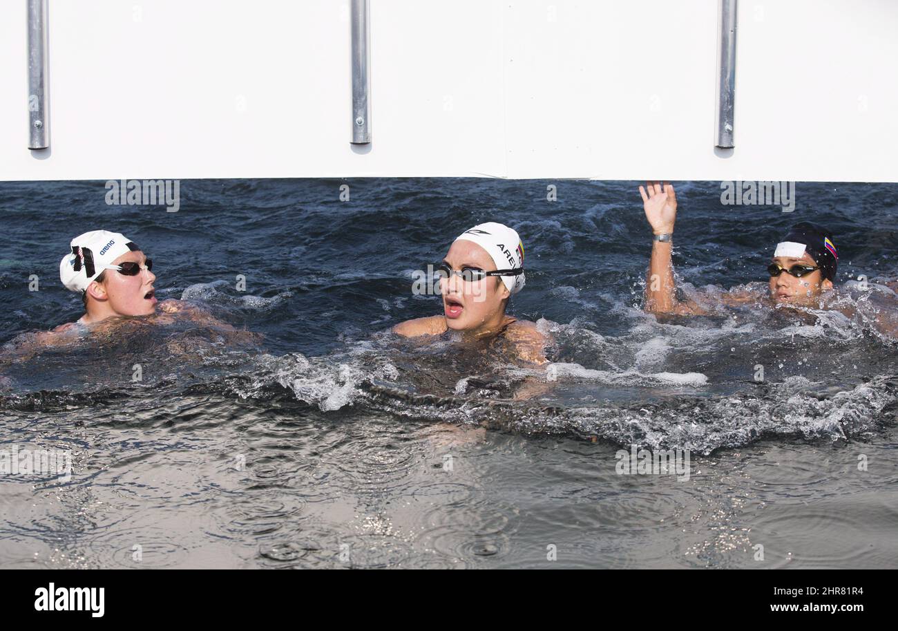 Eva Fabian, of the U.S., swims under the finish line for the gold medal ...