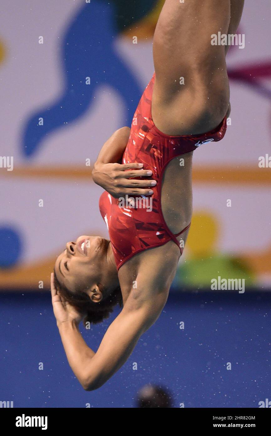 Jennifer Abel of Canada performs in the womens' three-meter springboard ...