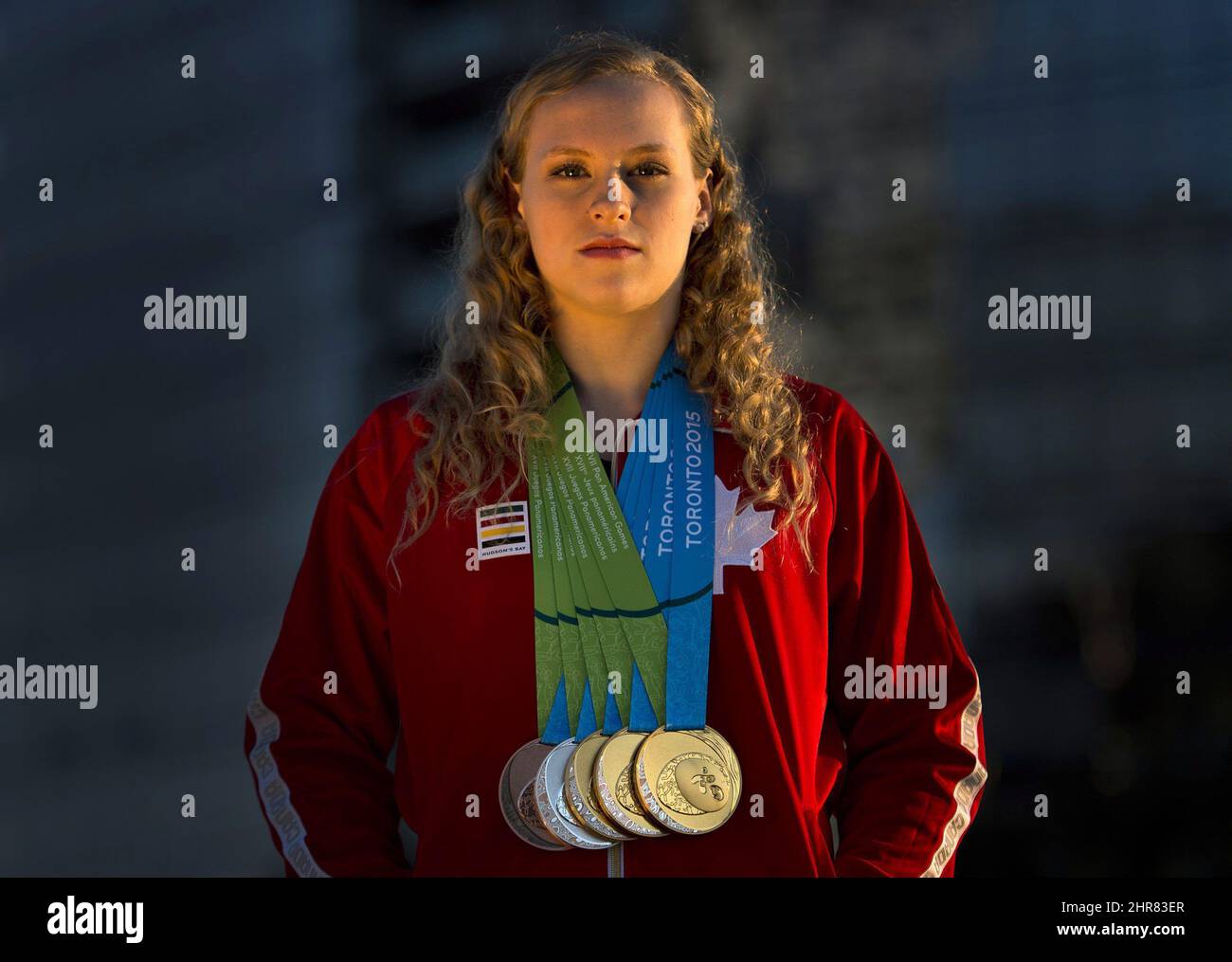 Canadian Ellie Black poses for a photograph with her five medals she ...