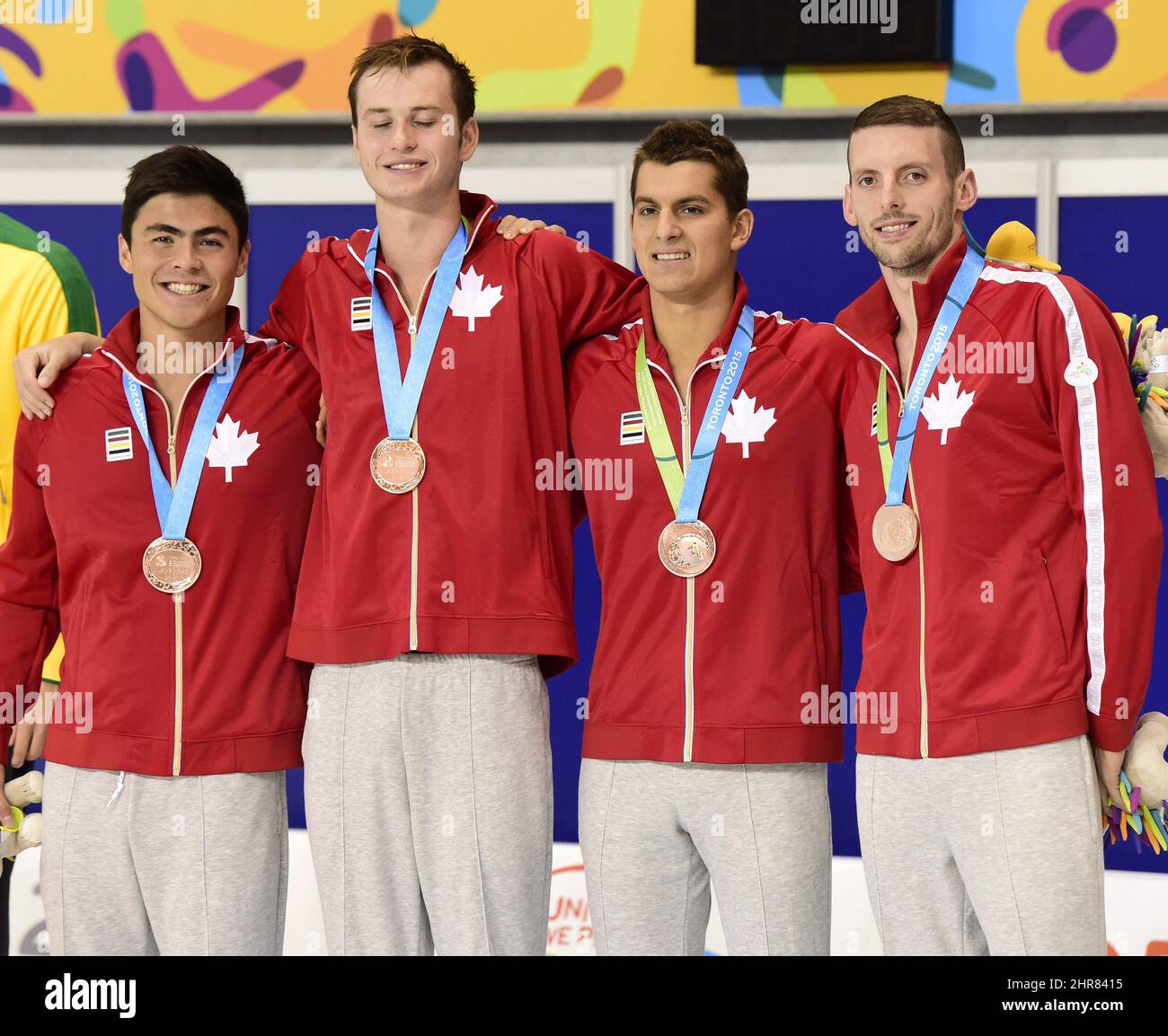 Canadian men's 4x200m freestyle relay team members Jeremy Bagshaw, left ...