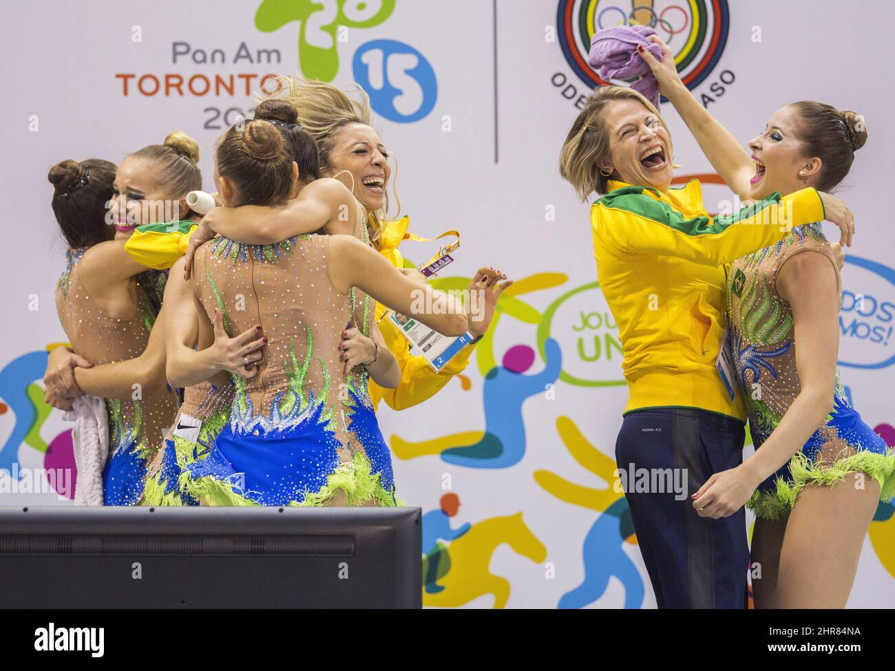 Brazil's group all-around team celebrate after winning following the ...