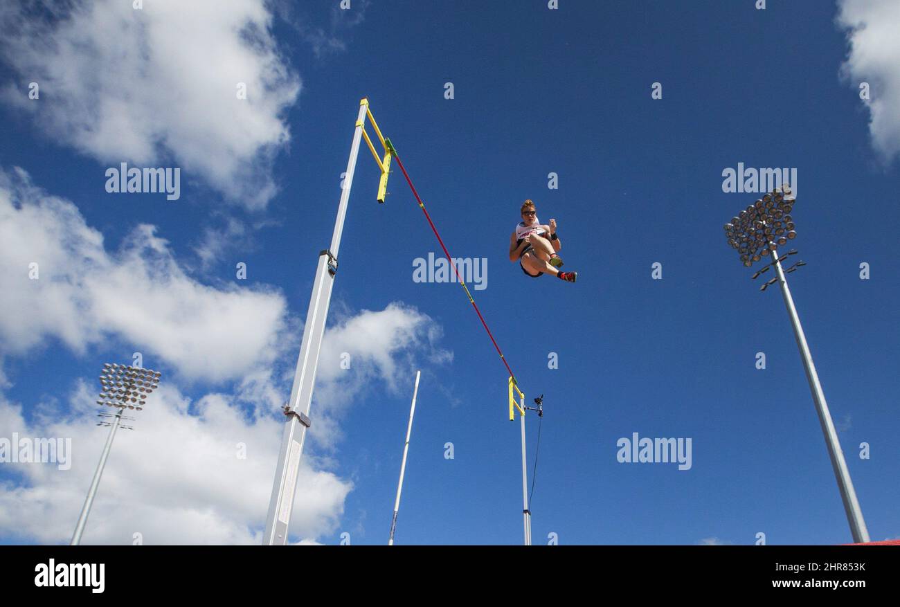 Shawnacy Barber of Canada clears the bar on his way to winning the gold ...