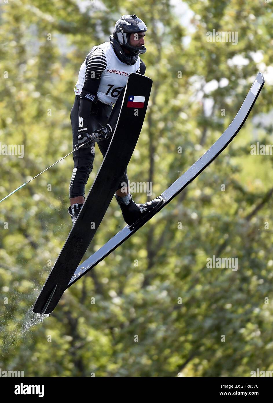 Felipe Miranda of Chile competes in the men's waterskiing jump ...