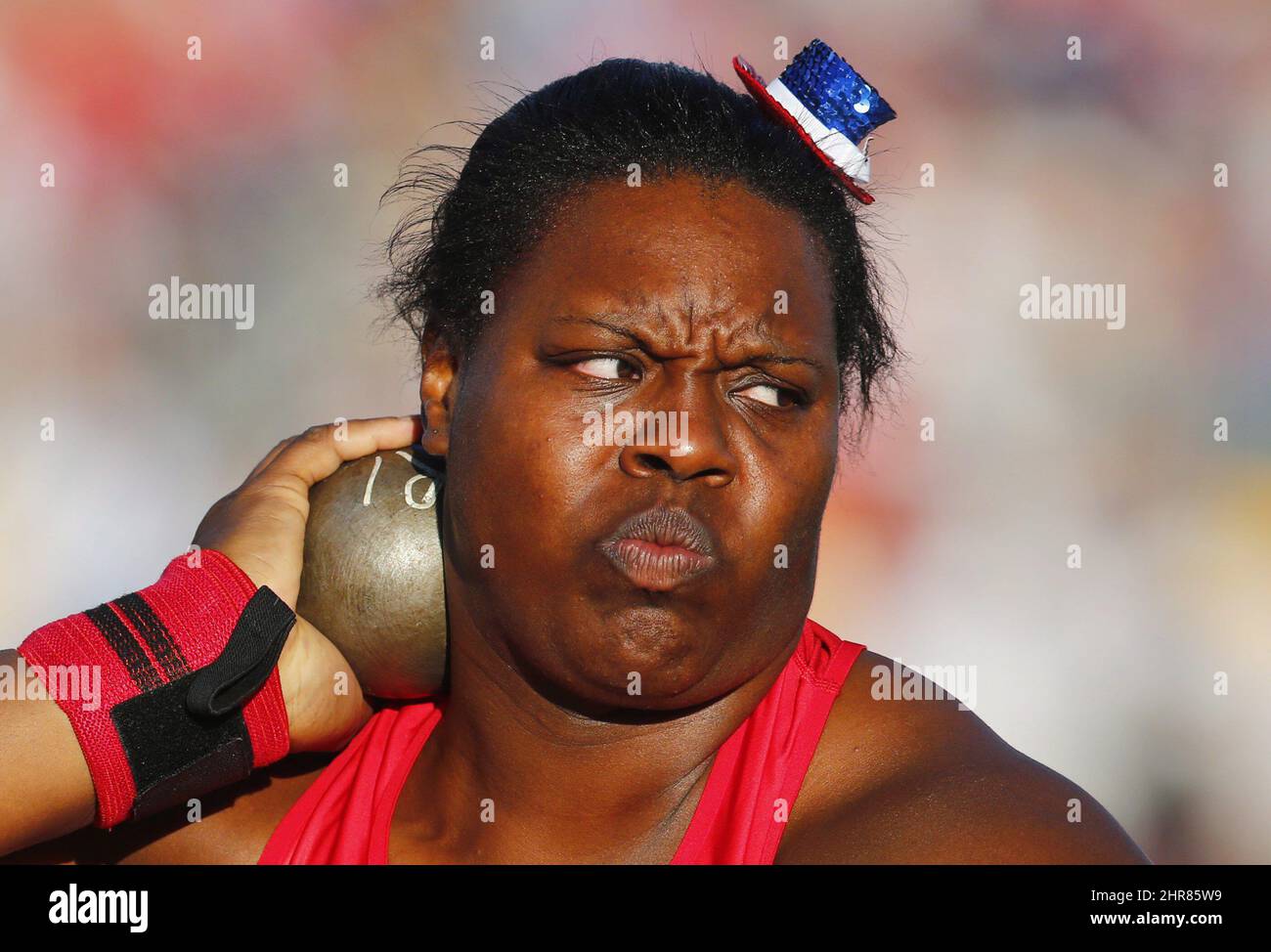 Jeneva Stevens of the USA competes while wearing a small hat in the ...
