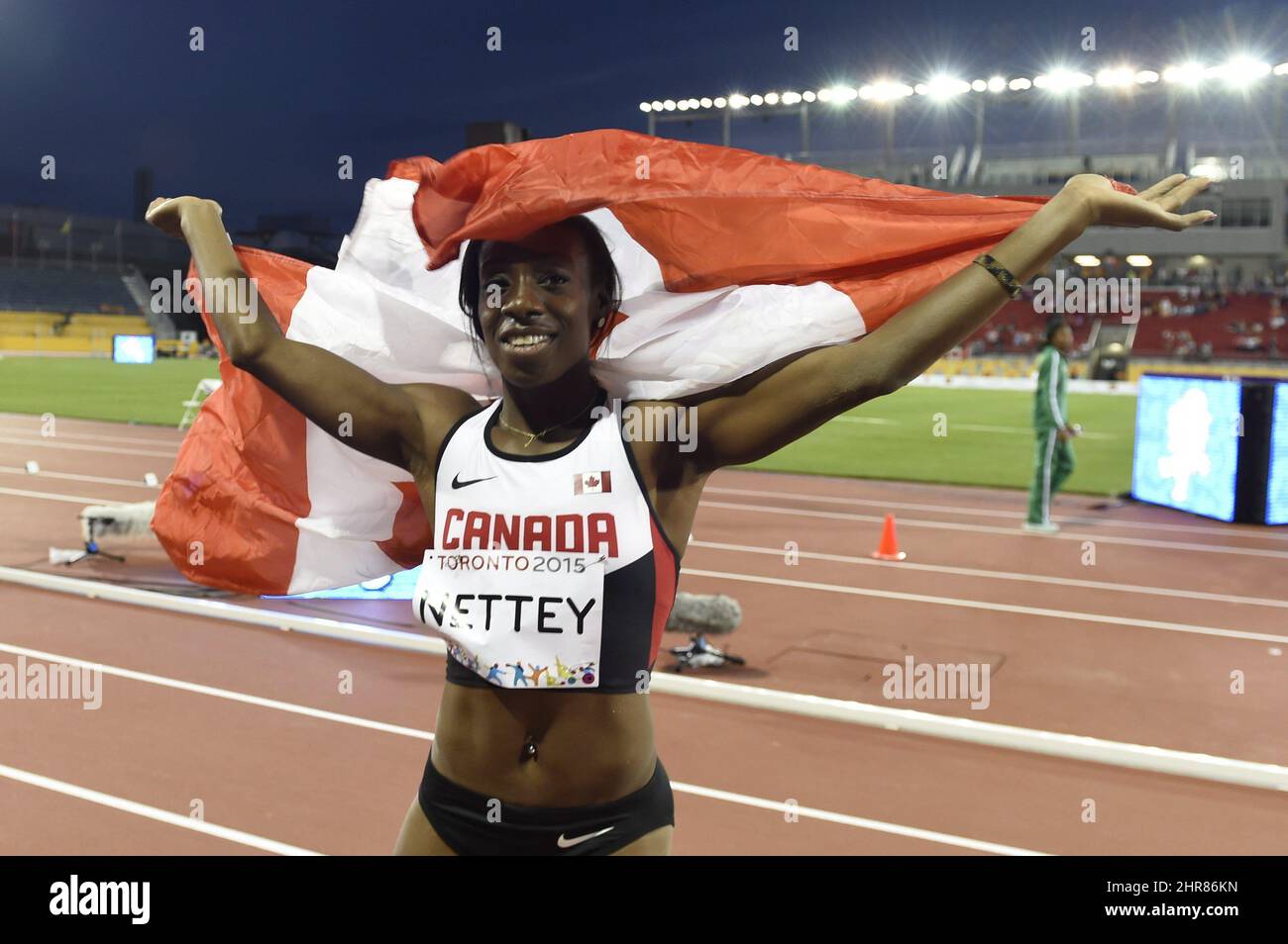 Christabel Nettey, of Canada, celebrates winning the gold medal in the ...