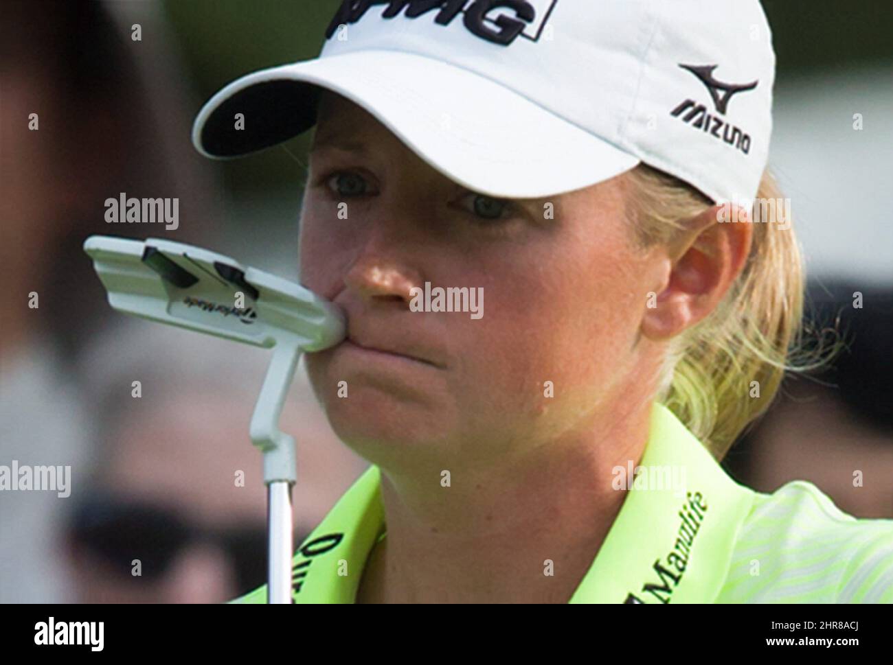 Stacy Lewis, of the United States, looks on after missing a birdie putt ...