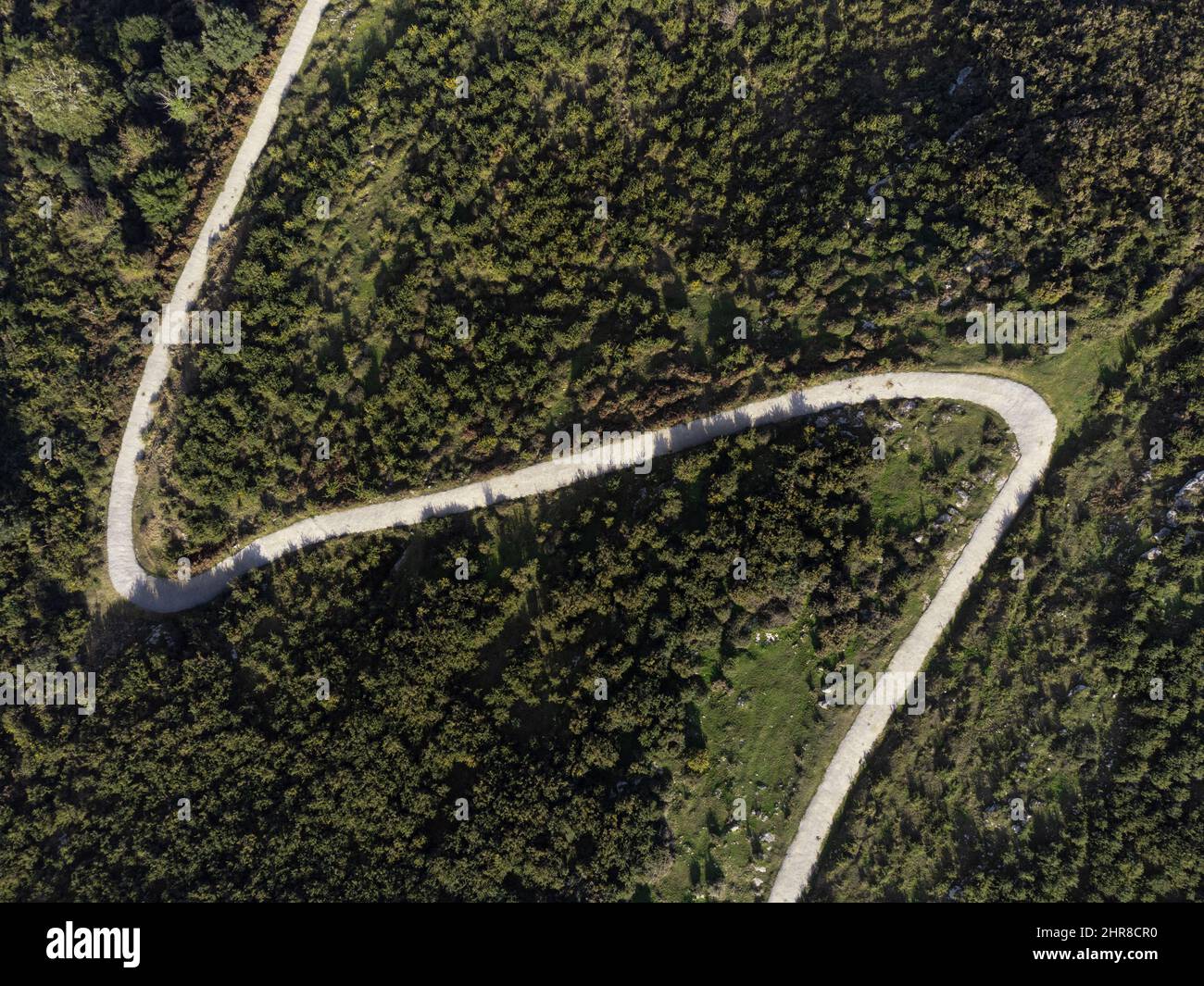 Aerial vertical view from a totally perpendicular drone flying over a ...