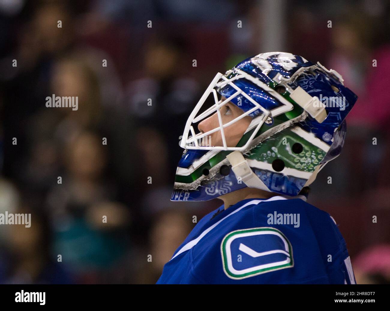 Vancouver Canucks' goalie Jacob Markstrom, of Sweden, looks up at the ...