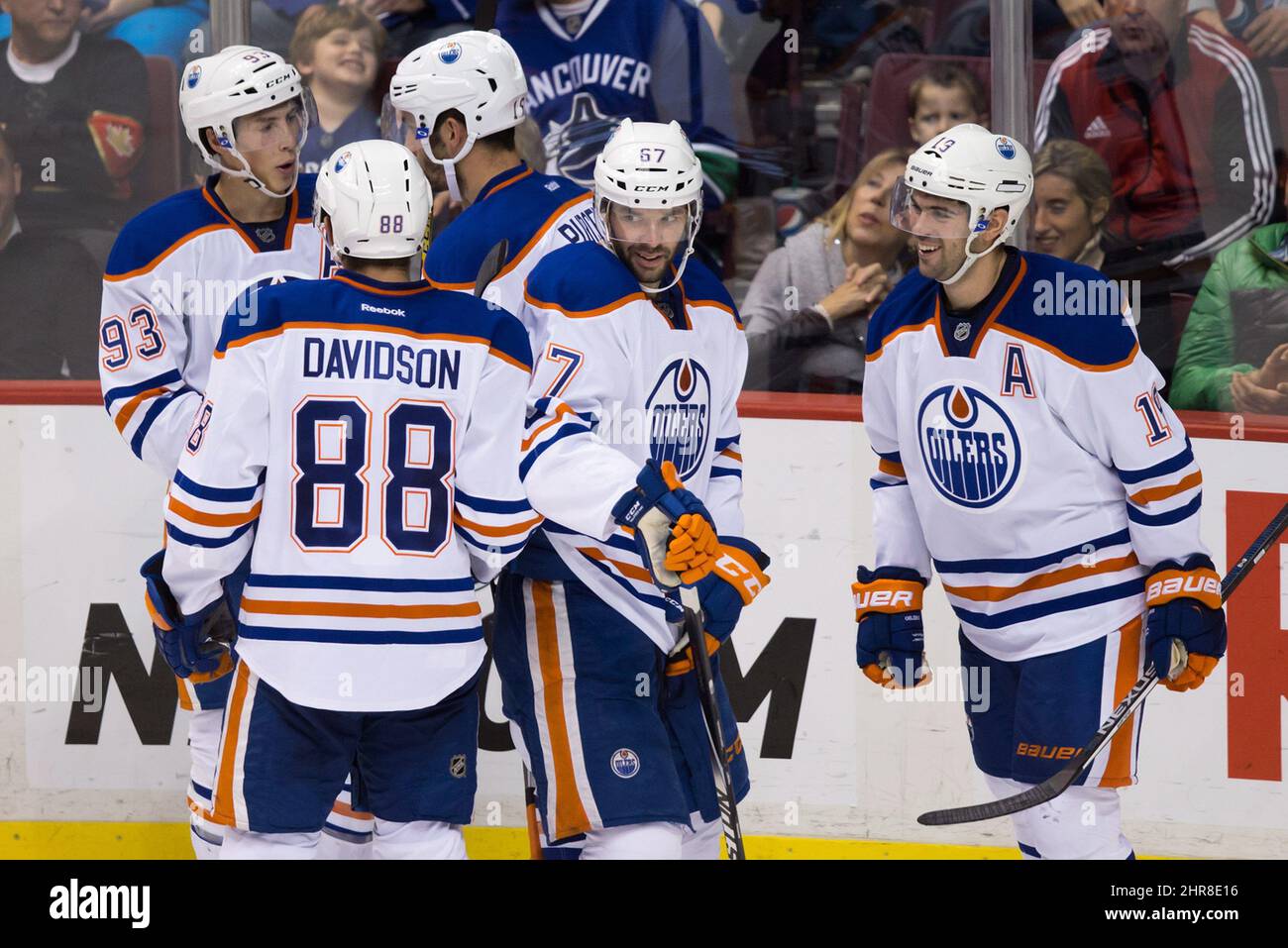 Edmonton Oilers' Ryan Nugent-Hopkins, from left, Brandon Davidson ...