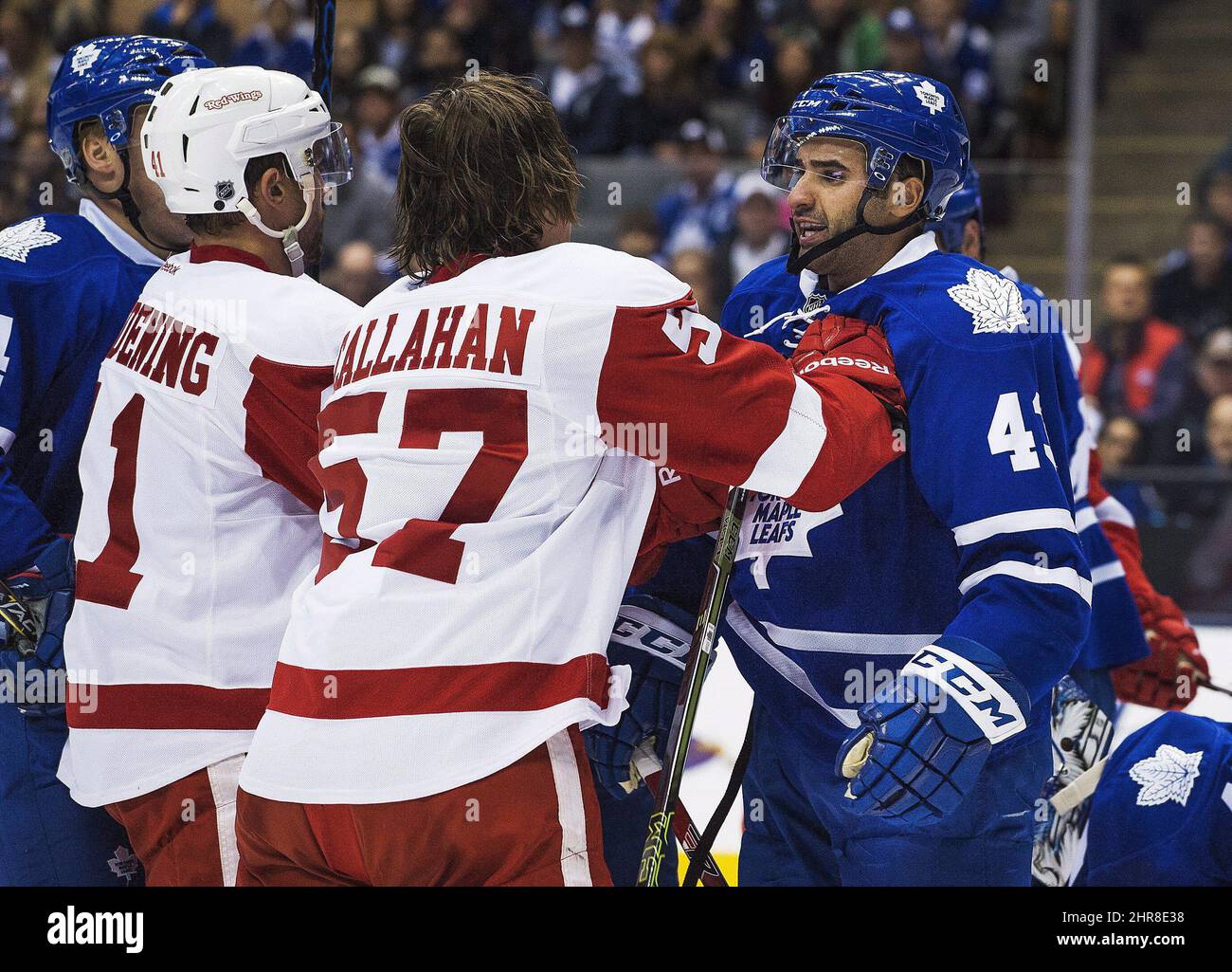 Toronto Maple Leafs' Nazem Kadri is pushed by Detroit Red Wings' Mitch ...