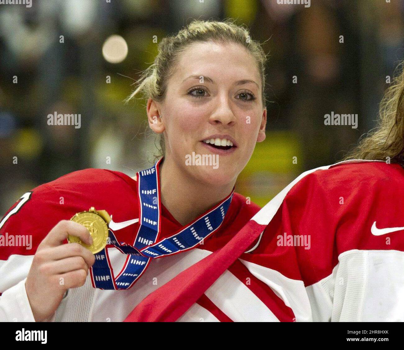 In this April 14, 2012, file photo, Canada's Meghan Agosta shows off ...