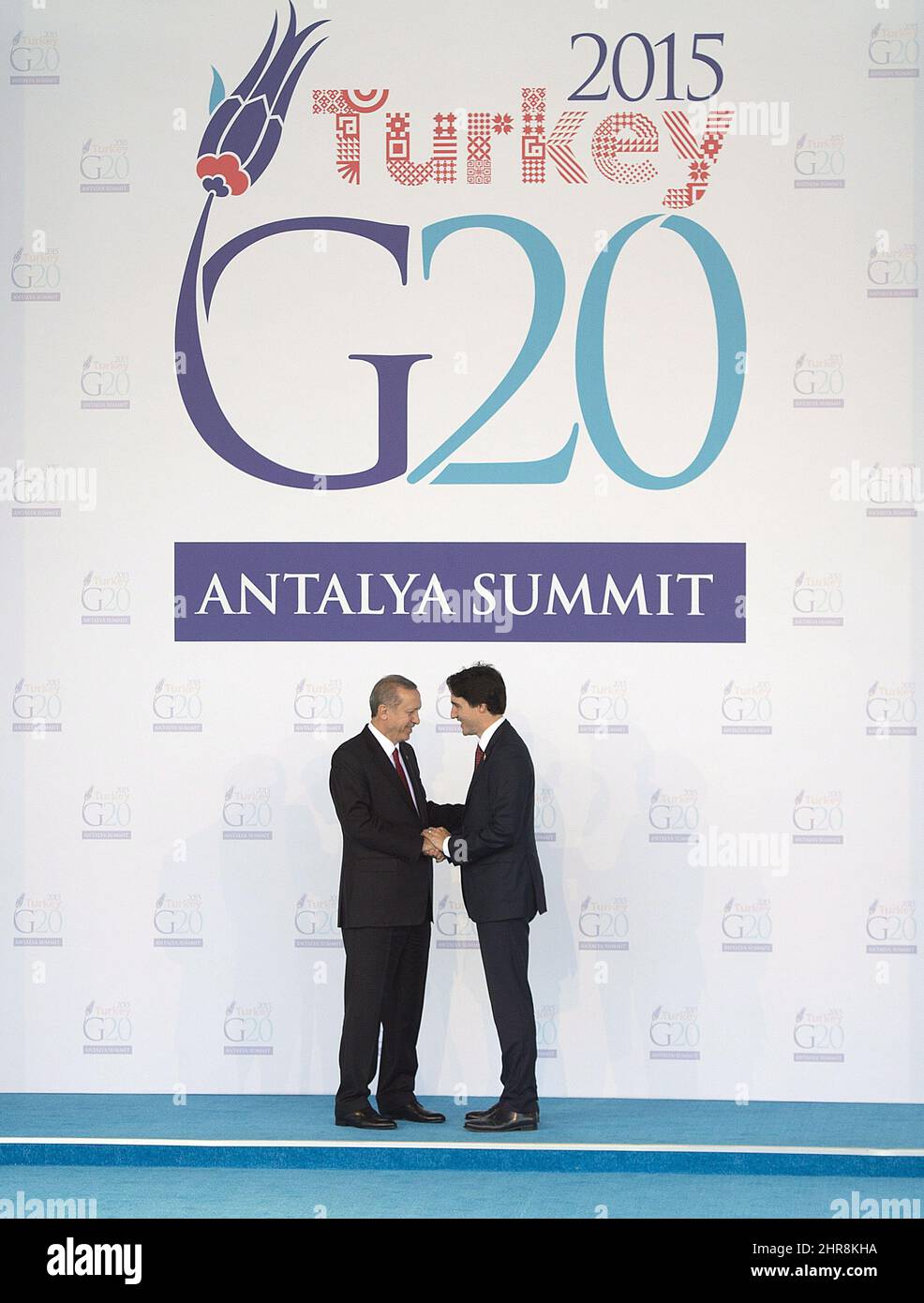 Prime Minister Justin Trudeau is greeted by Recep Tayyip Erdogan ...