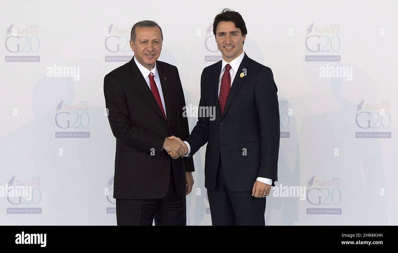 Prime Minister Justin Trudeau is greeted by Recep Tayyip Erdogan ...