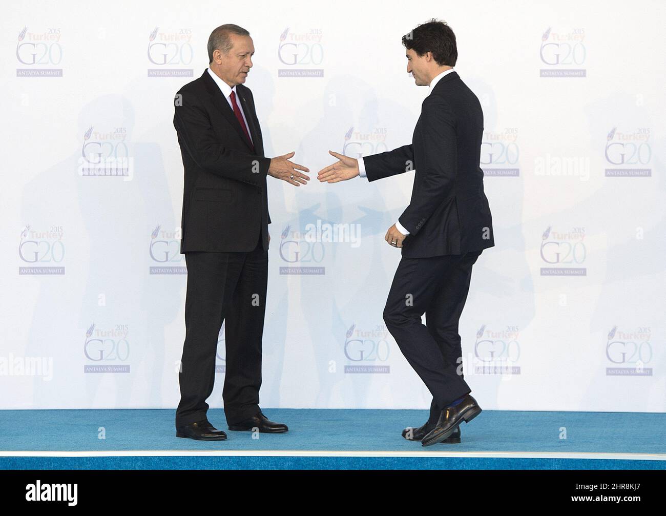 Prime Minister Justin Trudeau is greeted by Recep Tayyip Erdogan ...