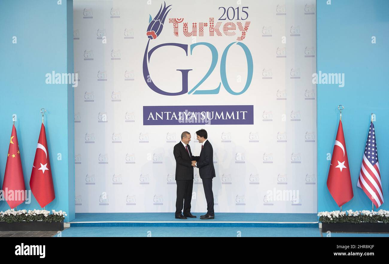 Prime Minister Justin Trudeau is greeted by Recep Tayyip Erdogan ...