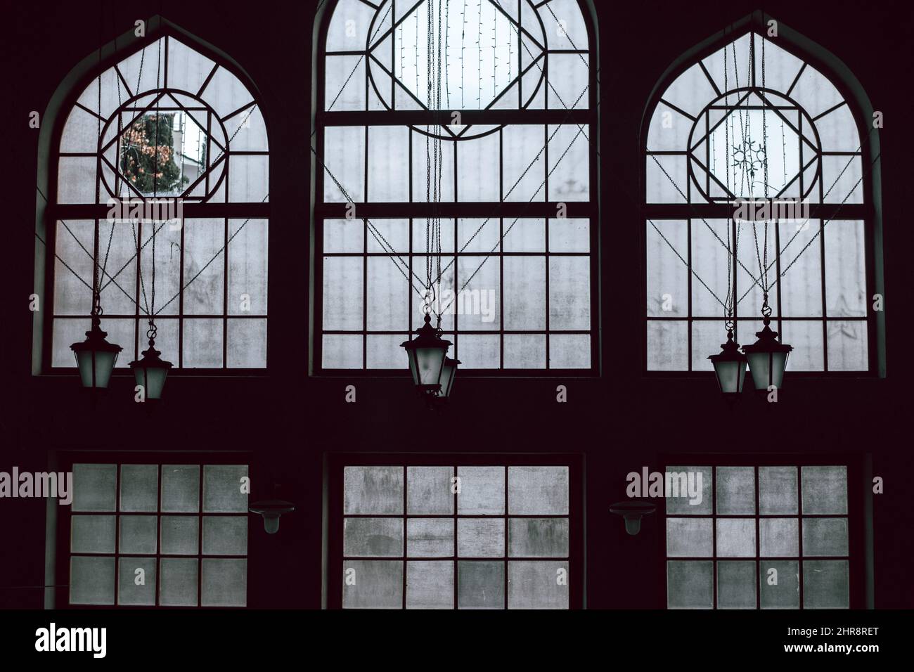 Shot of the design of the Old windows inside building Stock Photo - Alamy