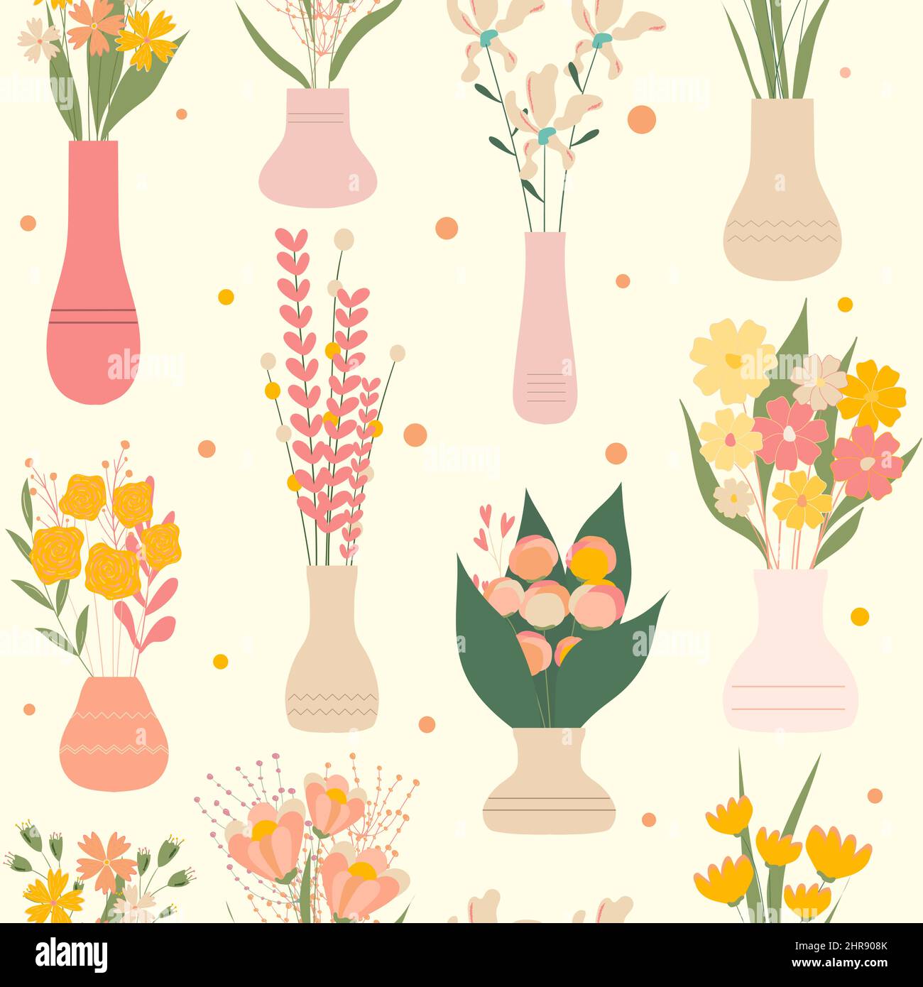 Seamless background of wild and garden blooming flowers in vases.Set of ...