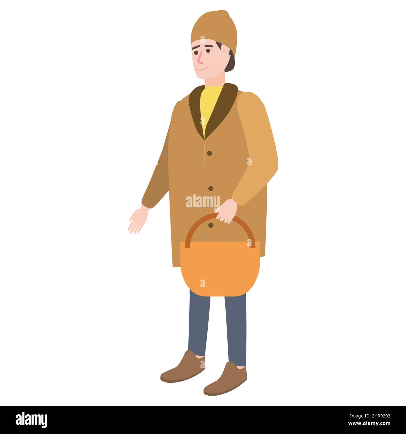 Man with basket for goods, winter cold weather clothes, hat warm coat ...