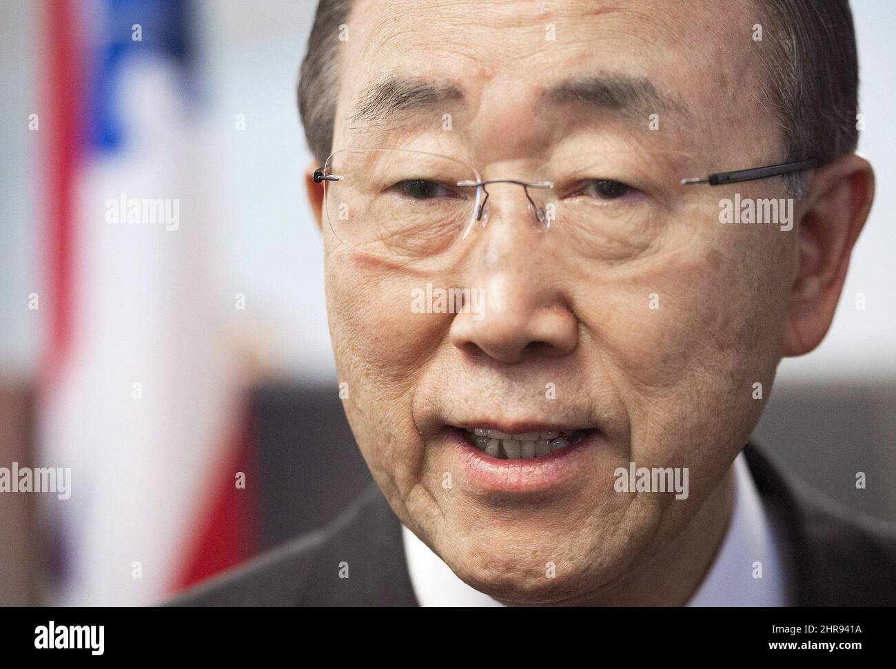 United Nations Secretary General Ban Ki-moon speaks to reporters as he ...