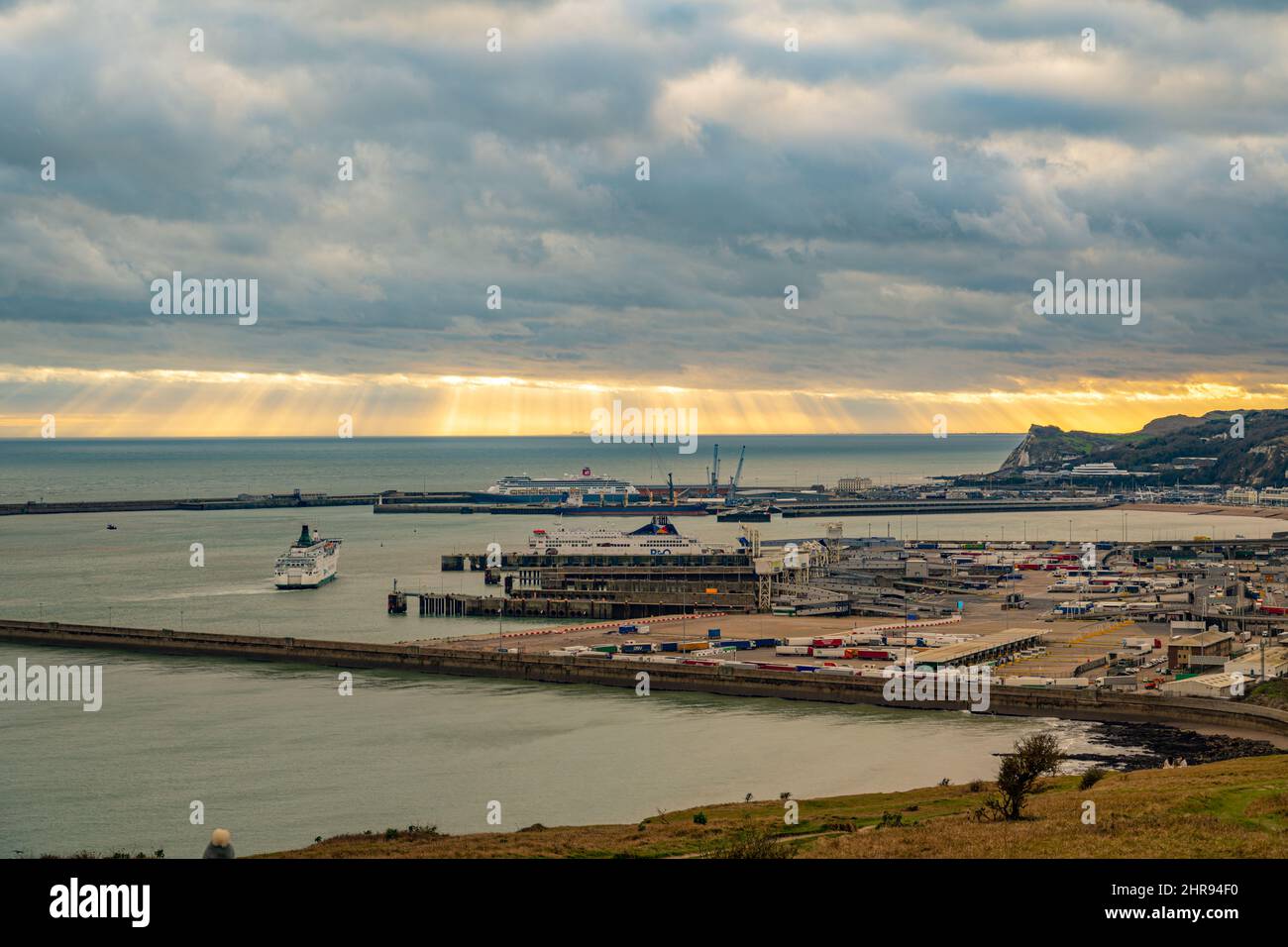 Dover Harbour with Ferry docking from Langdon Cliffs near Dover Stock ...