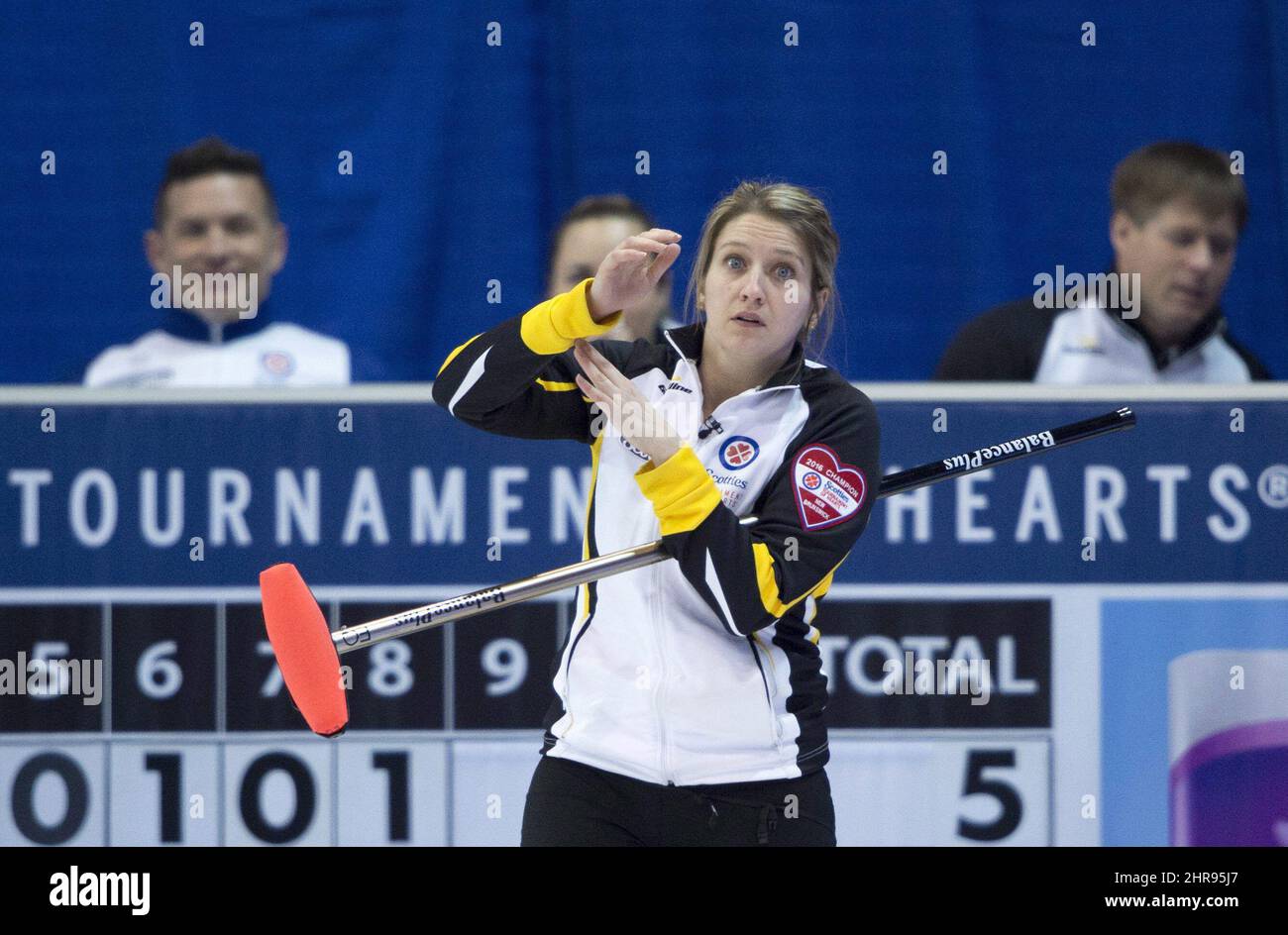 New Brunswick skip Sylvie Robichaud calls a time out during the 11th ...