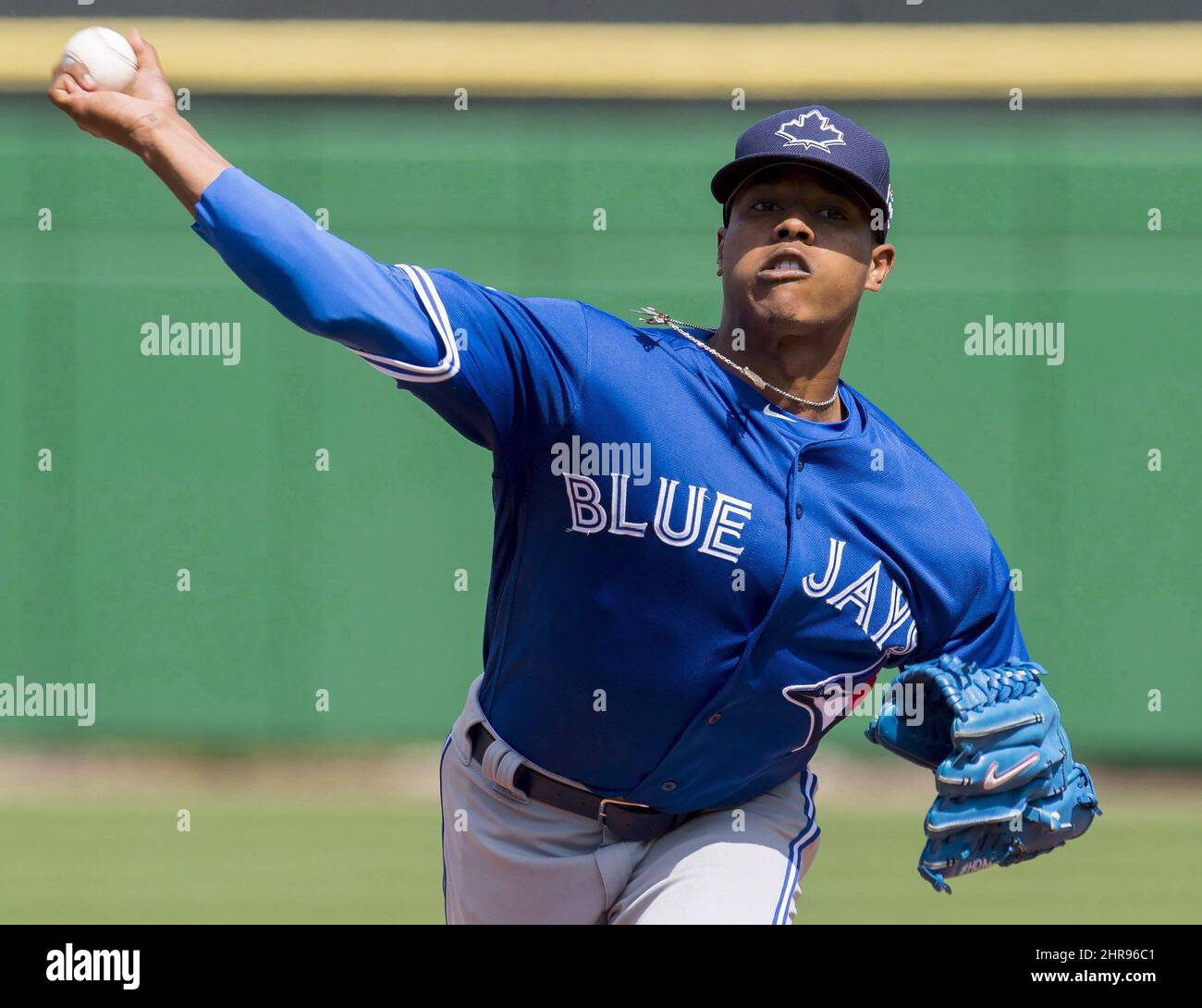 Toronto Blue Jays pitcher Marcus Stroman throws his warmup pitches in ...