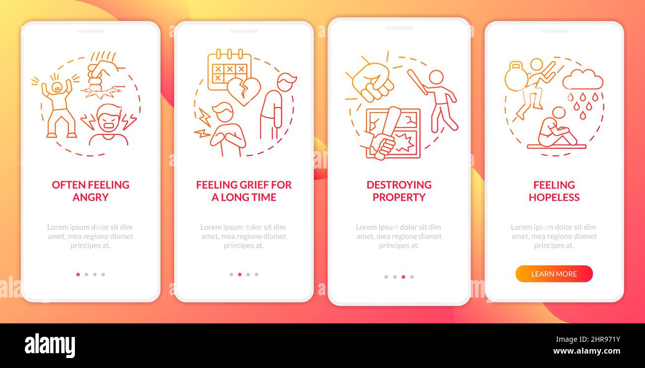 Warning signs of teen behavior red gradient onboarding mobile app ...