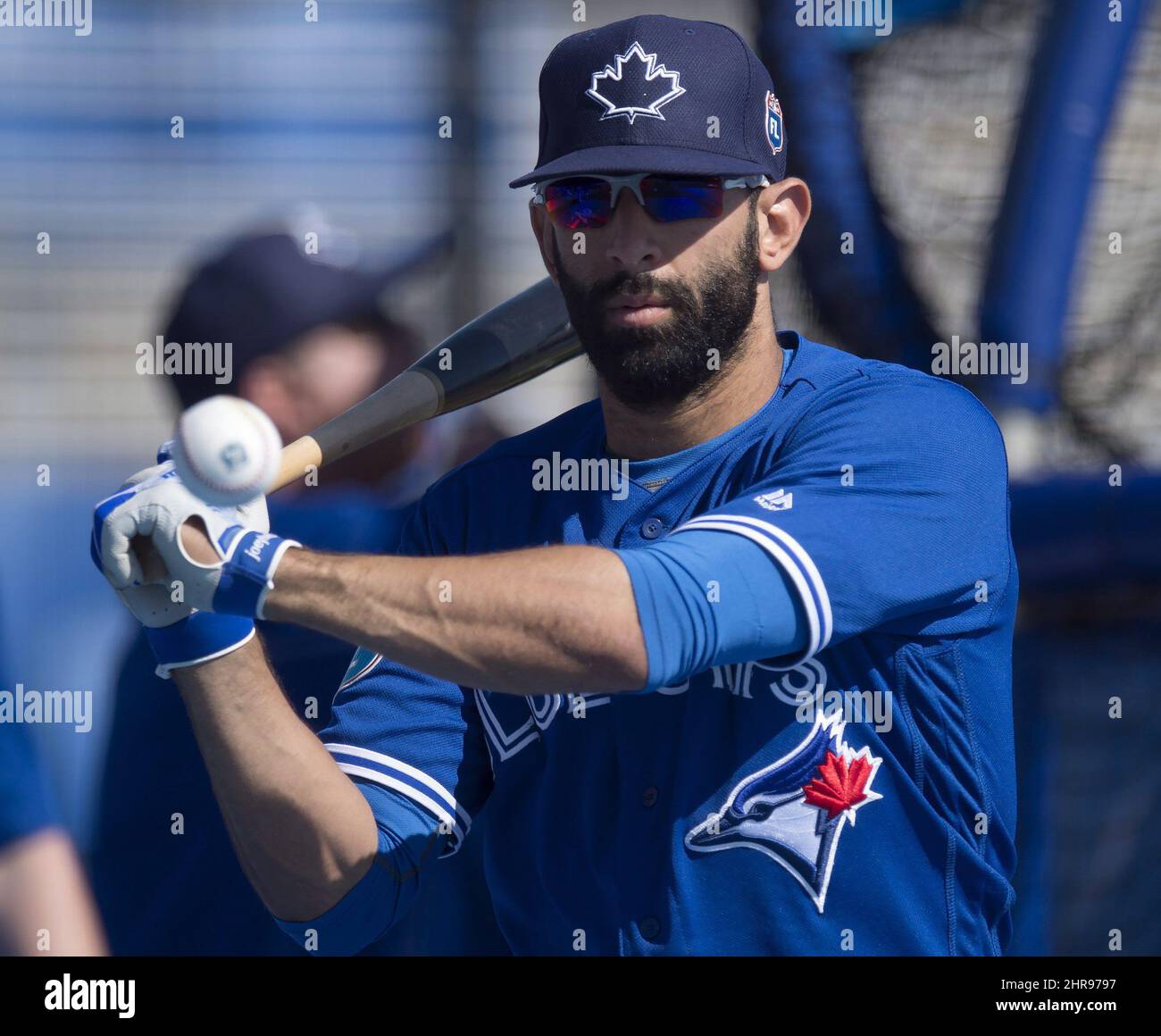 Toronto Blue Jays outfielder Jose Bautista hits a ground ball during ...