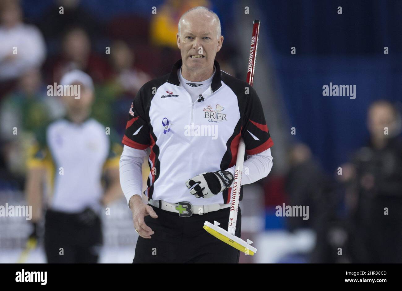 Team Ontario skip Glenn Howard reacts to a shot during round robin ...