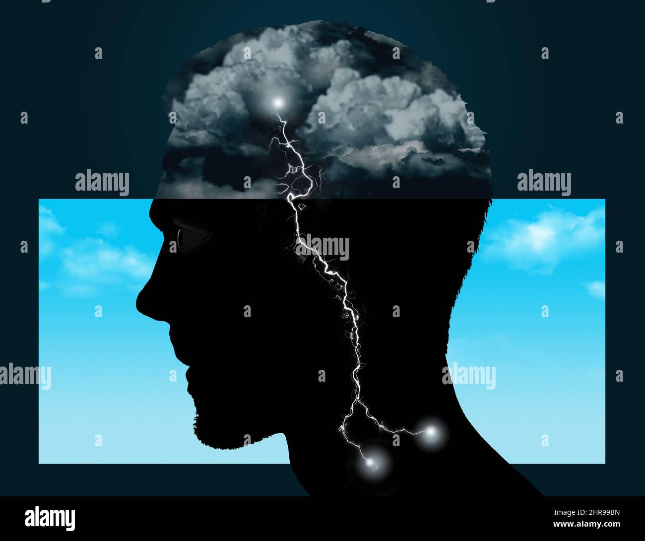 Storm clouds and lightning inside a human man’s head illustrate mental ...