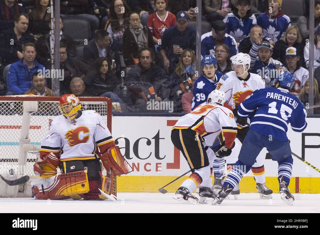 Toronto Maple Leafs' Pierre-Alexandre Parenteau, right, scores against ...