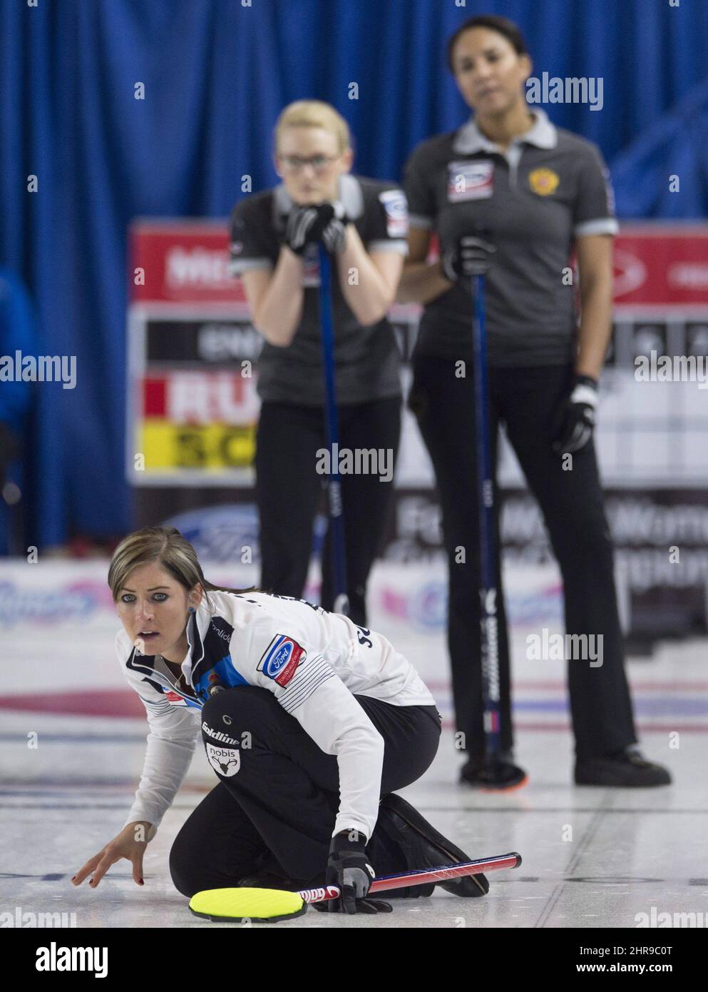 Scotland skip Eve Muirhead watches her shot as Russia lead, Nkeiruka ...