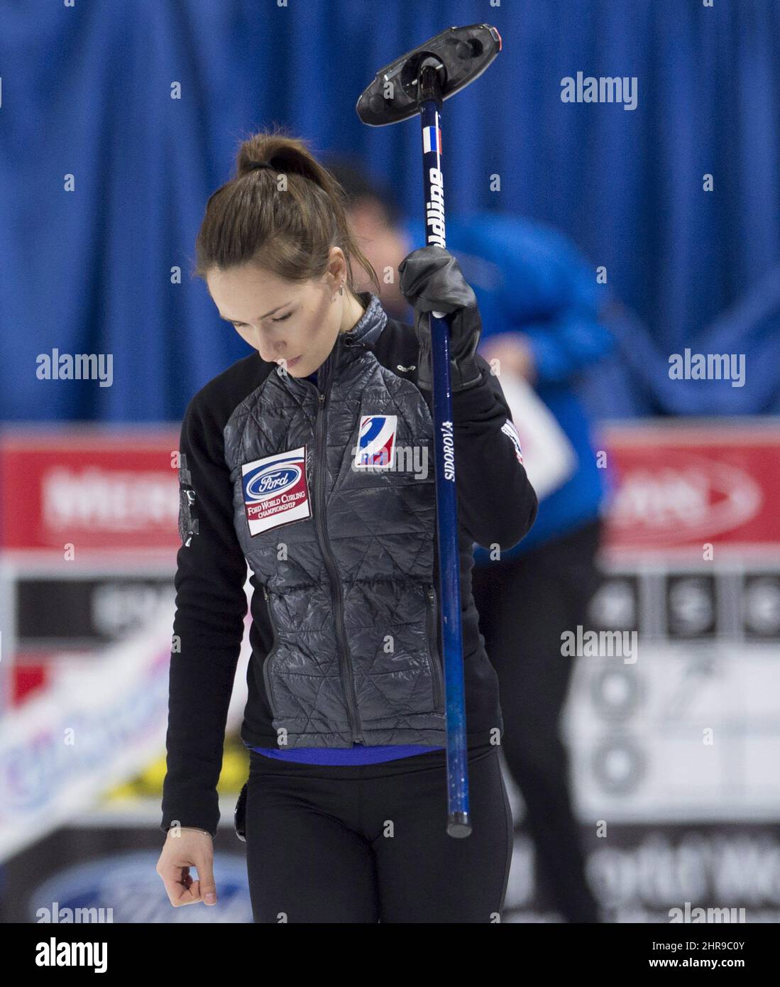 Russia skip Anna Sidorova reacts to her shot during the 12th draw ...