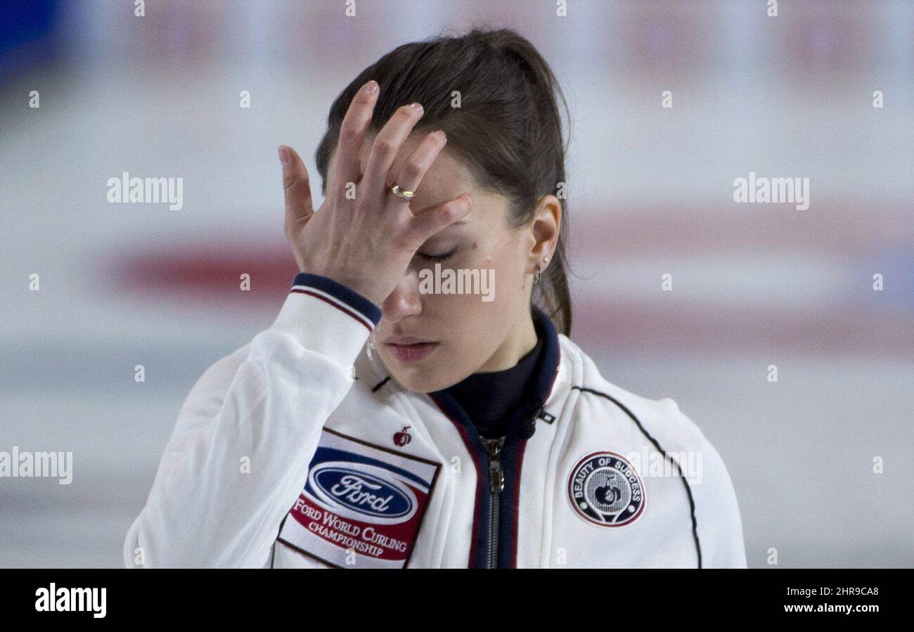 Russia skip Anna Sidorova reacts to her shot during the bronze medal ...