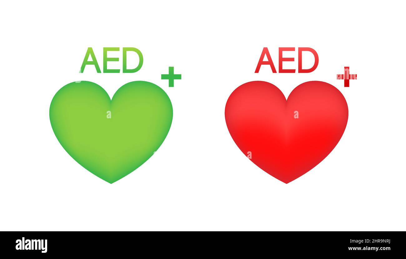 Emergency first aid defibrillator sign. White heart icon and white ...