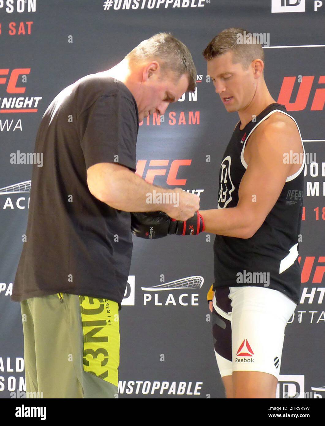 Stephen (Wonderboy) Thompson (right), shown at the UFC open workout in ...