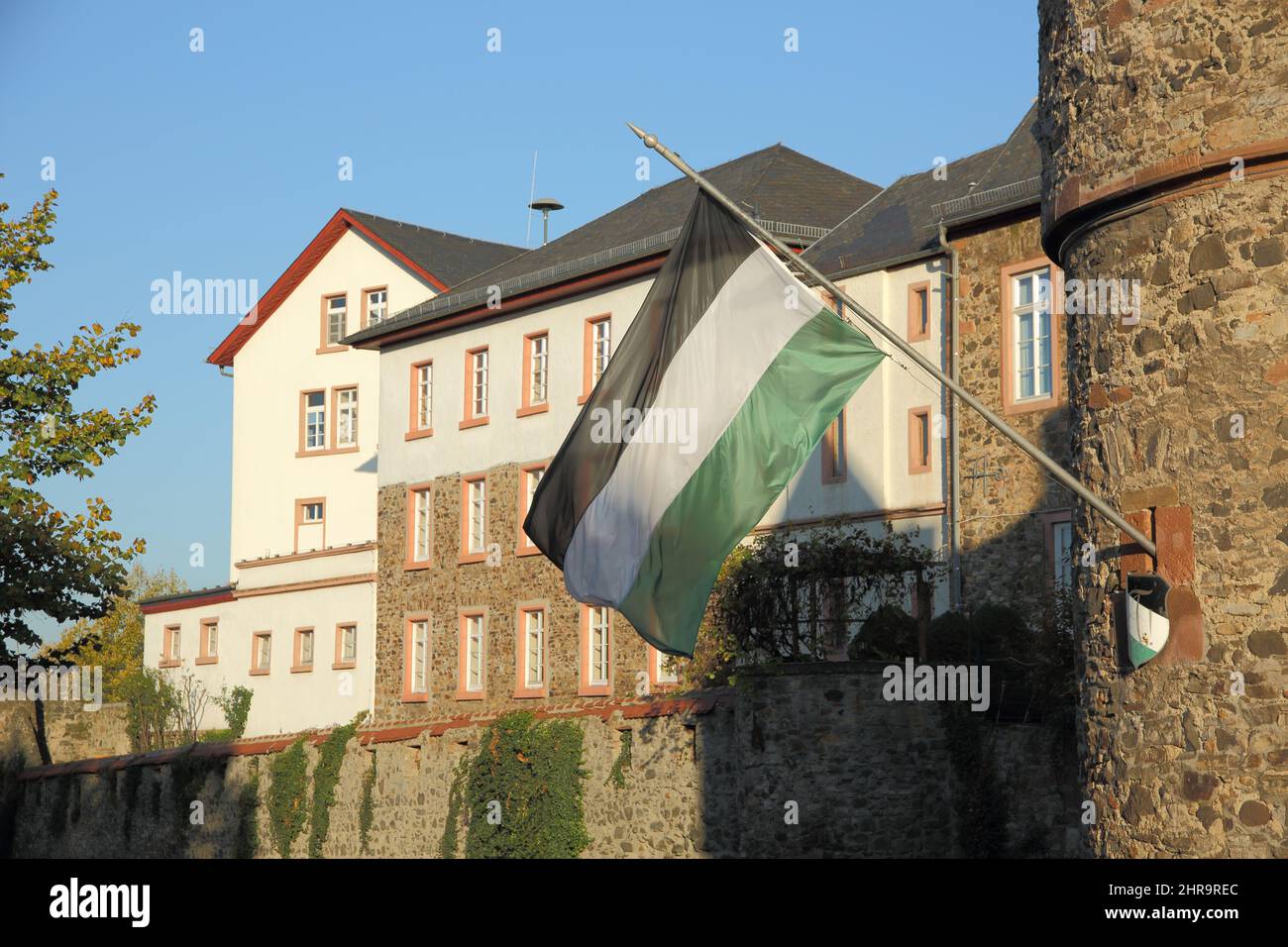 Historical castle complex with flag, Friedberg, Hesse, Germany Stock ...