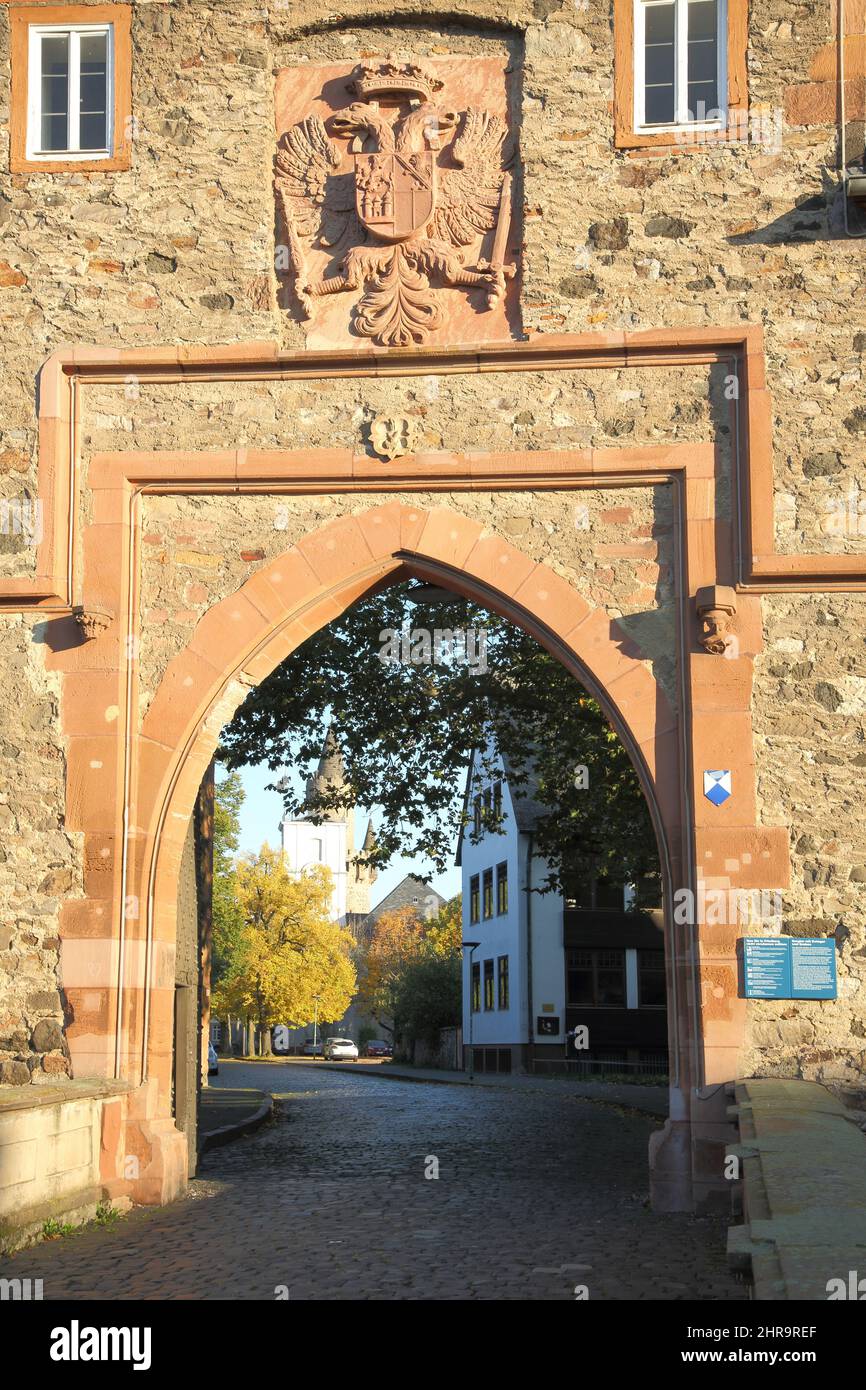 Castle gate with city coat of arms, Friedberg, Hesse, Germany Stock ...