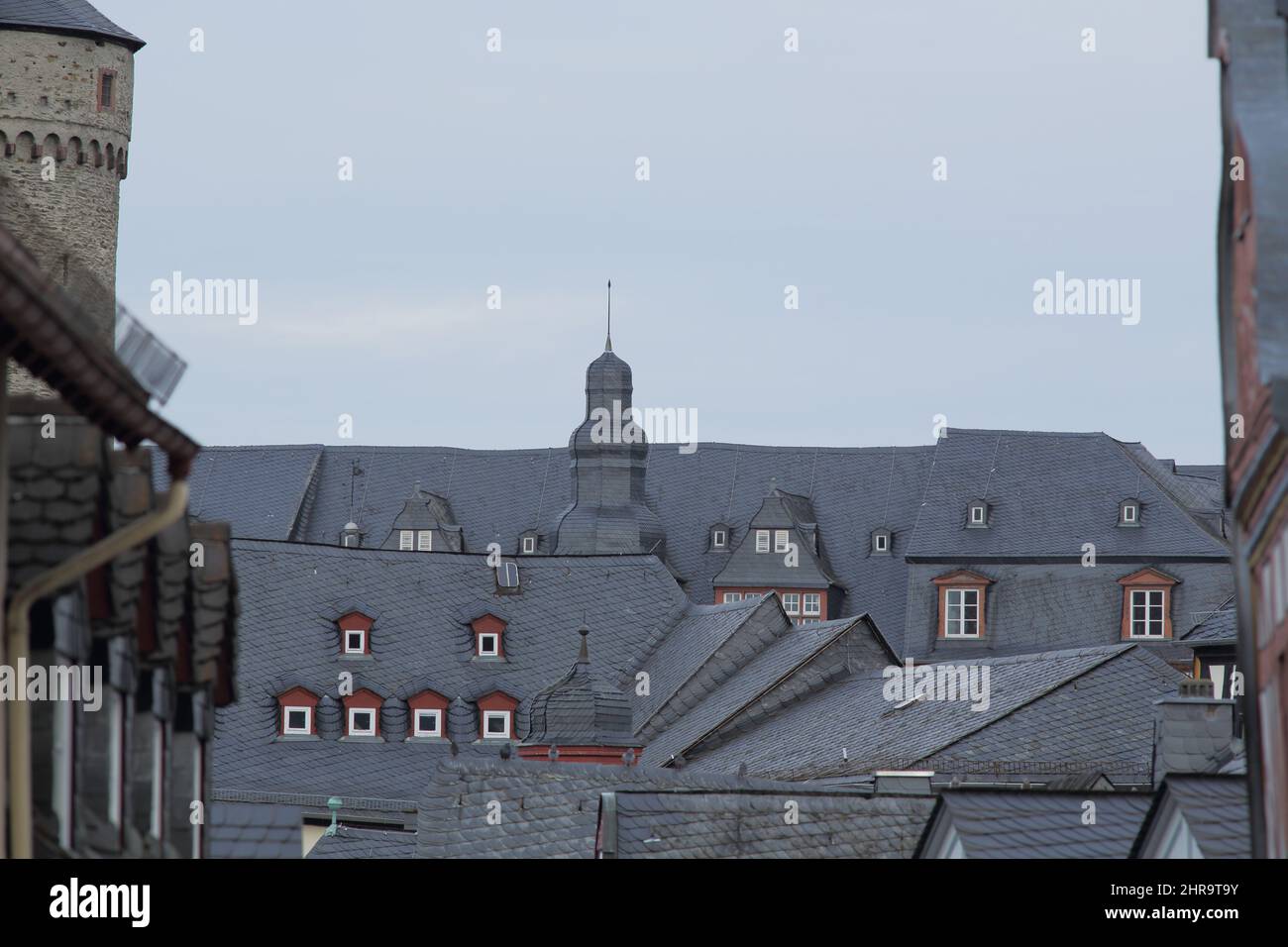 Slate roofs with witch tower and castle, Idstein im Taunus, Hesse ...