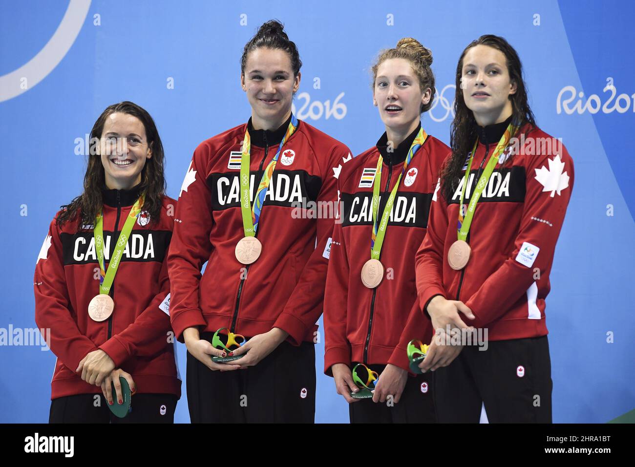 The Canadian women's 4x100-metre freestyle relay team, left to right ...