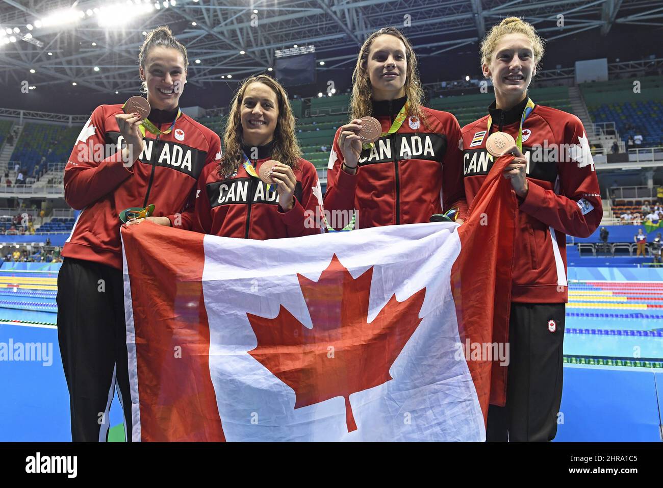 The Canadian women's 4x100-metre freestyle relay team, left to right ...