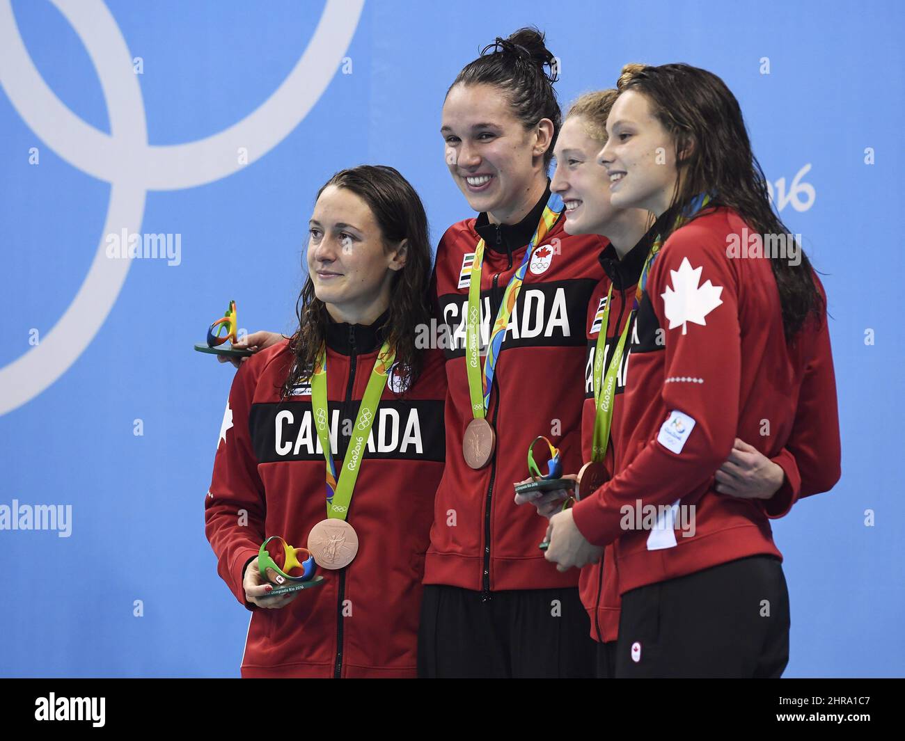 The Canadian women's 4x100-metre freestyle relay team, left to right ...