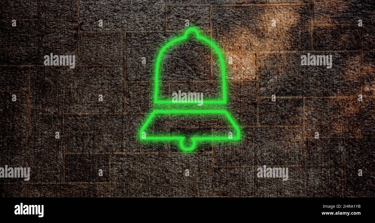 Image of glowing neon bell icon on brick wall Stock Photo - Alamy