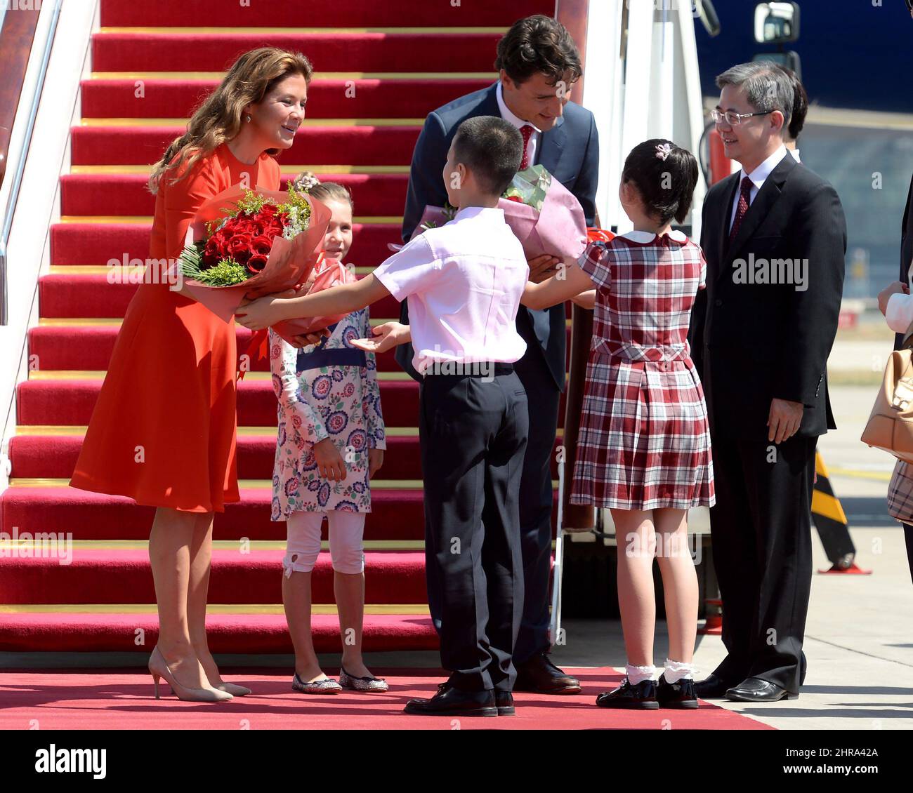 Canadian Prime Minister Justin Trudeau, back right, his wife Sophie ...