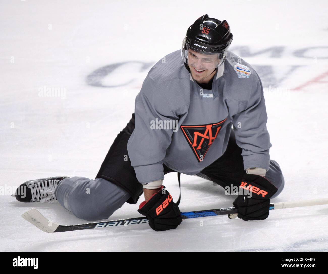 Team North America forward Mark Scheifele smiles as he stretches during ...