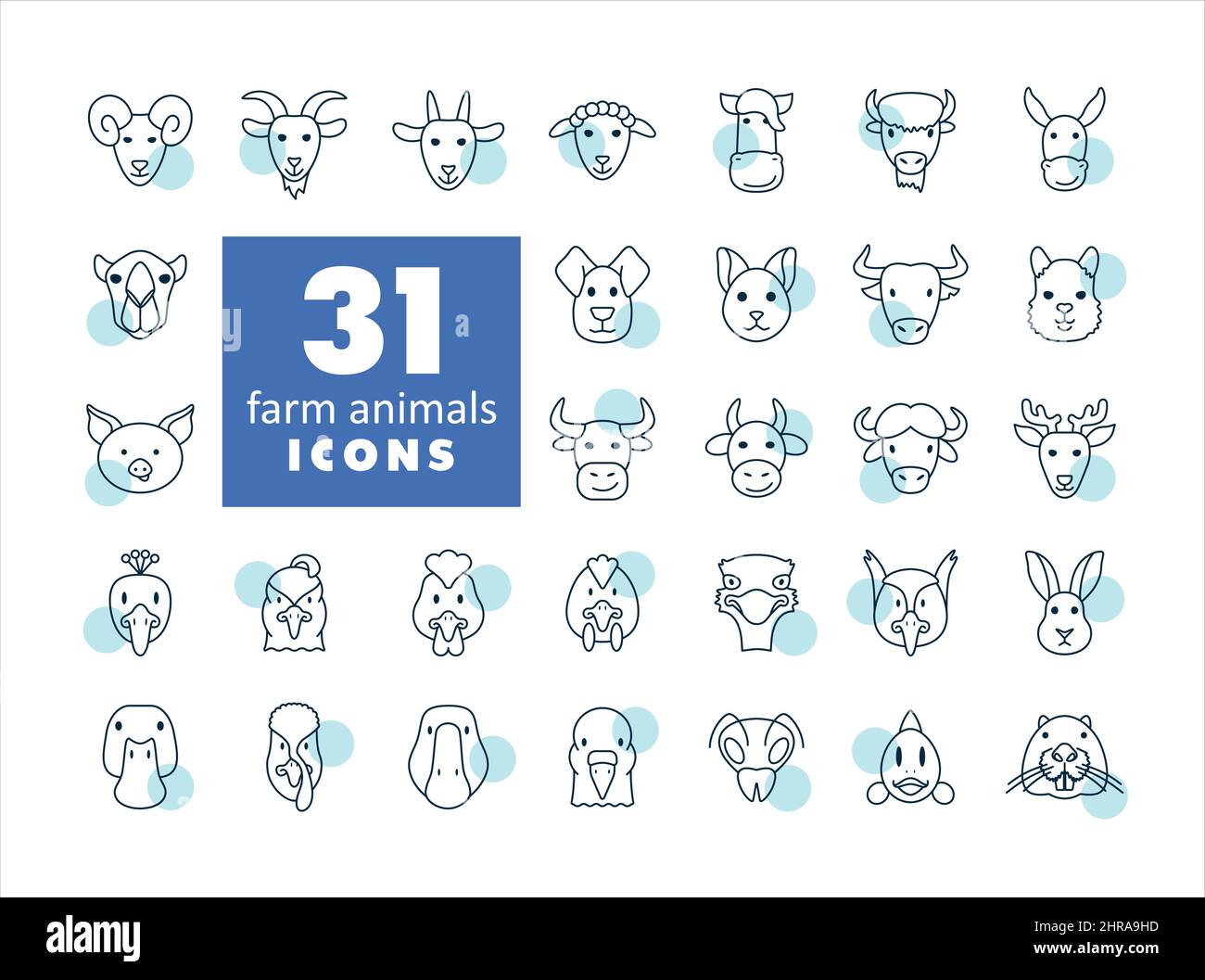Farm animals isolated icons set. Vector head illustration. Agriculture ...